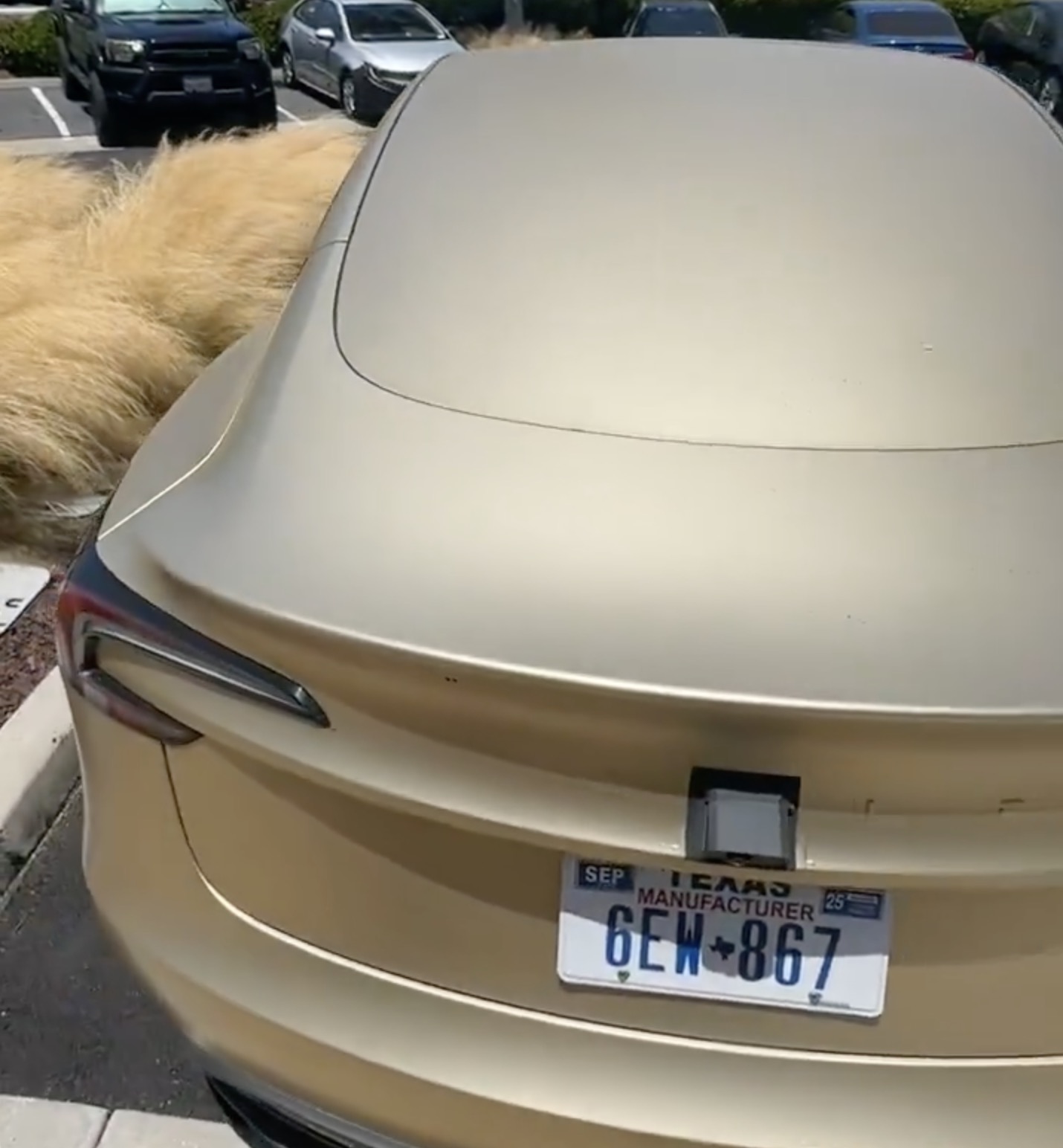 Model 3 robotaxi test mule with Cybercab cameras and gold wrap ...